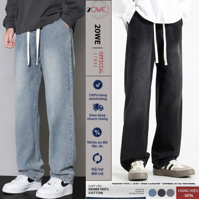 Quần jean chun nam retro 20WE, Quần bò nam chun đen wash dáng baggy ống ...