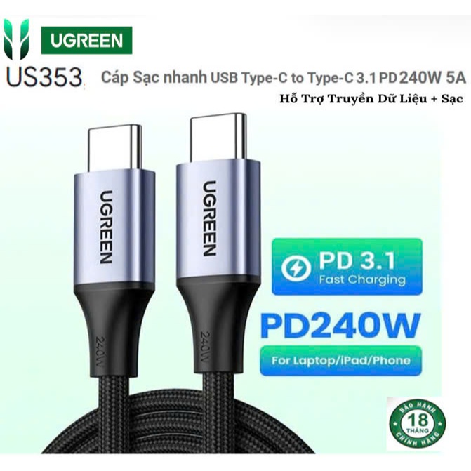 Cáp USB Type-C to Type-C Ugreen 15311 90440 US353, chip E-marker, sạc nhanh 5A 240W, Dữ liệu ...