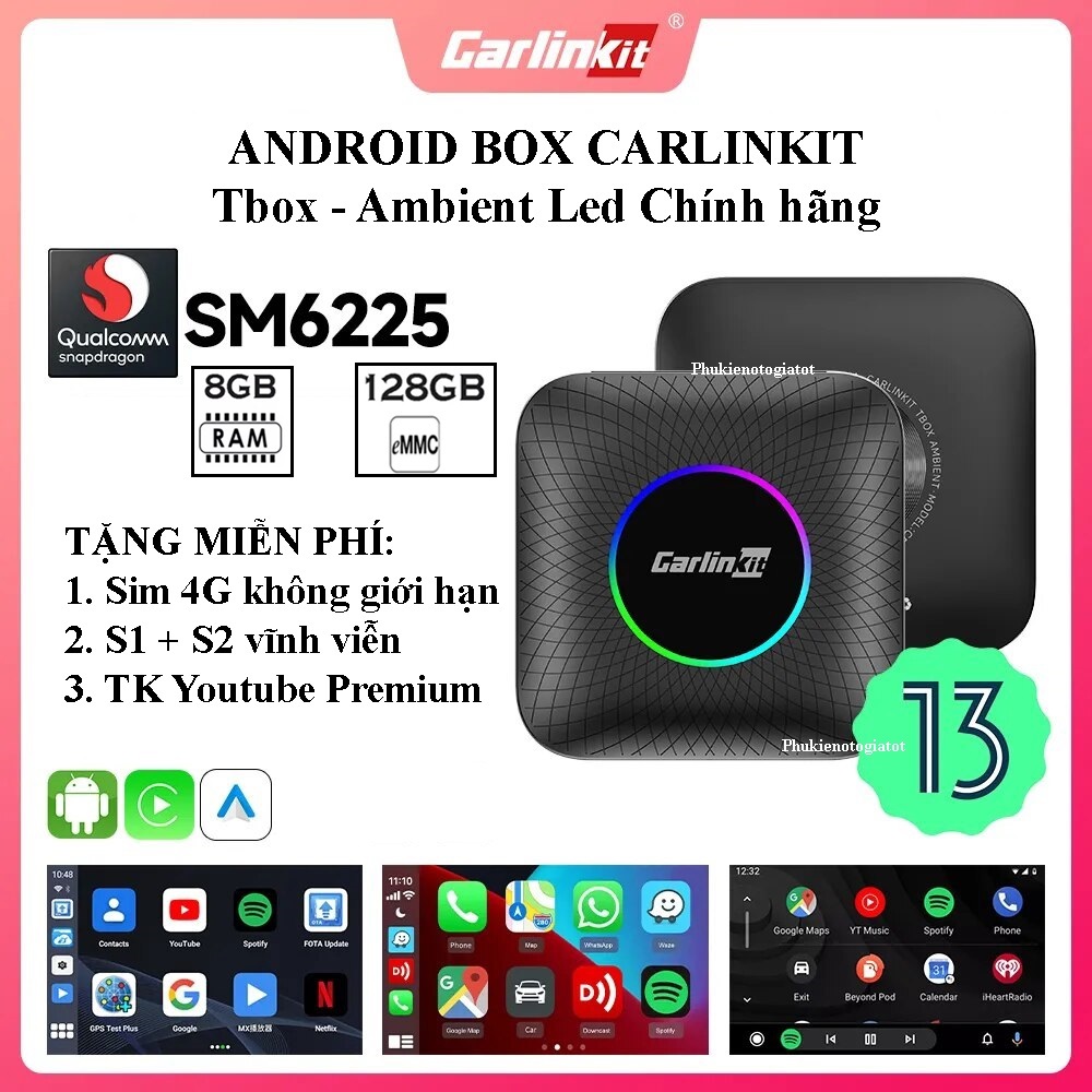 Carplay Android Box ô tô Carlinkit Tbox Ambient Led Qualcomm 6225 tặng Vietmap S2 | Shopee Việt Nam