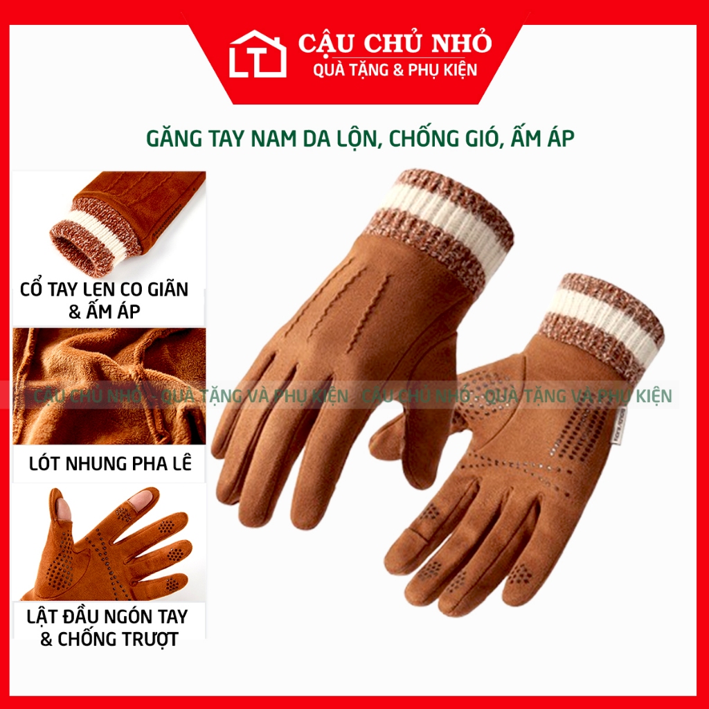 Găng tay nam da lộn, lót nhung, thiết kế lật đầu ngón tay, bao tay mùa ...