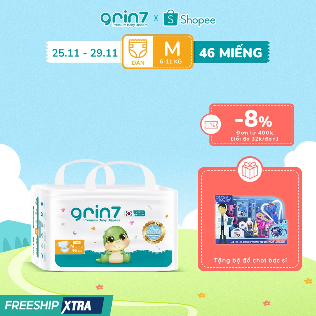 Tã dán cao cấp Grin7 Hàn Quốc mỏng thoáng, không hăm đỏ Size M46 cho bé từ 6-11kg (46 miếng ...