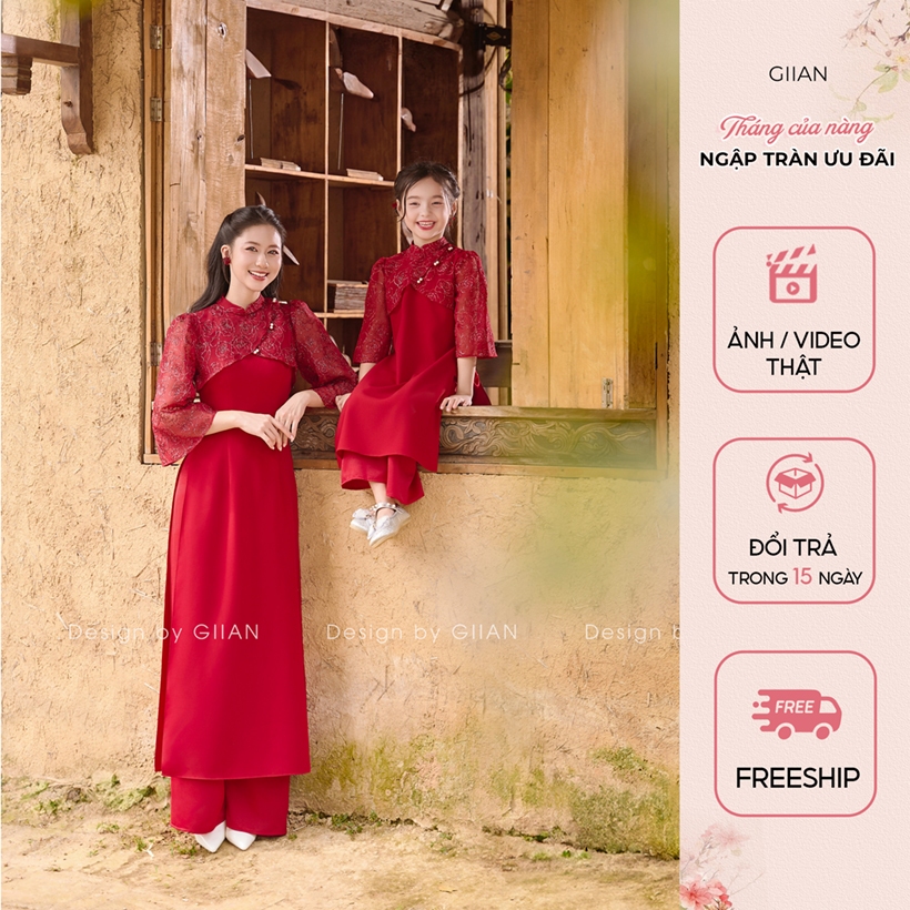 Áo dài cách tân mẹ bé chất liệu trượt hàn phối ren cách điệu(Chỉ áo ...