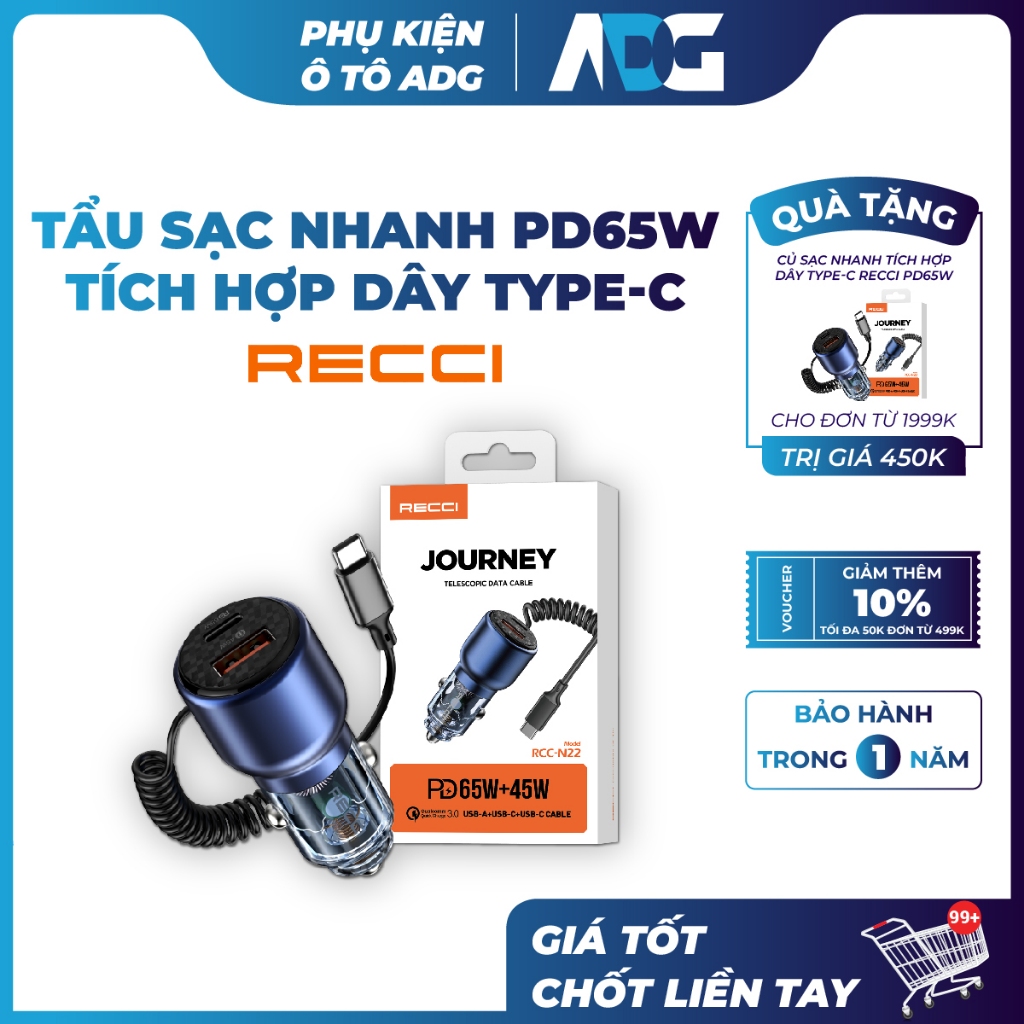Tẩu sạc nhanh ô tô tích hợp dây Type-C PD65W RECCI RCC-N22 | Phụ kiện ô tô ADG | Shopee Việt Nam