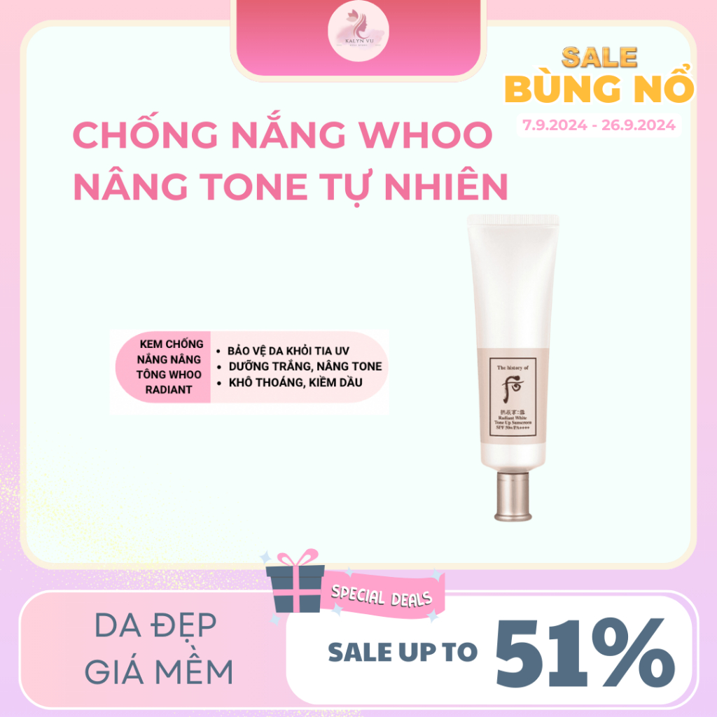 Kem chống nắng dưỡng trắng mờ thâm nám Whoo Radiant White Tone Up Sunscreen SPF50+/PA++++,Sample ...