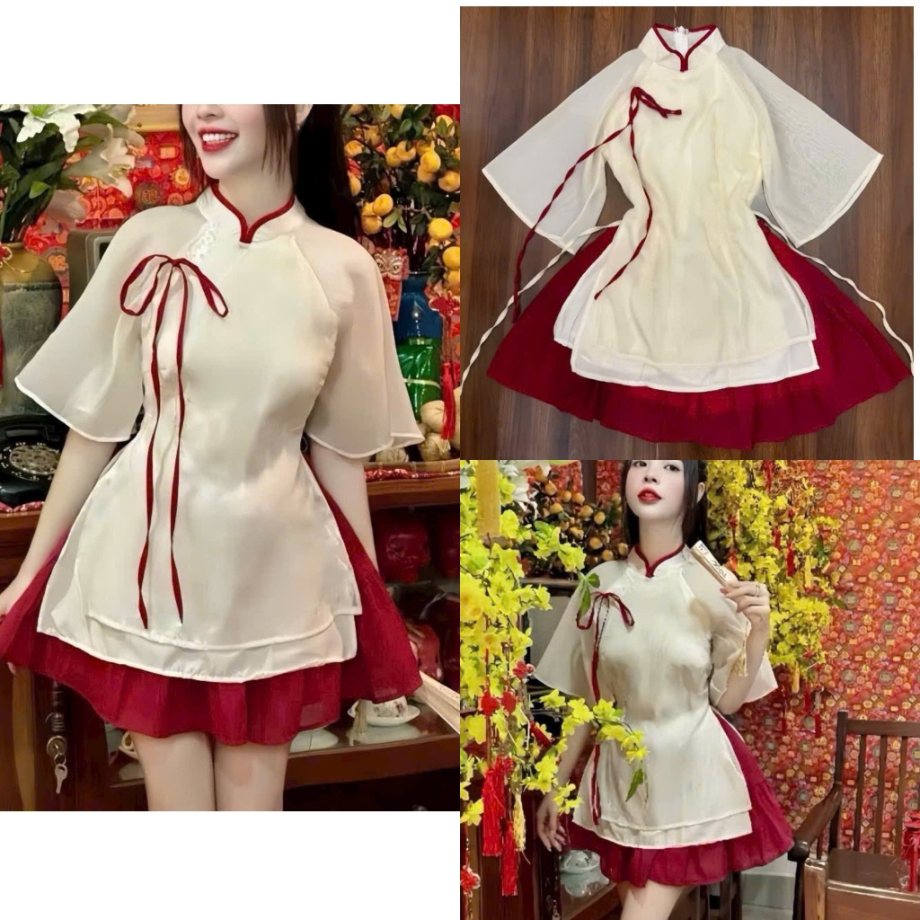 Set váy TRƠN ngắn thời trang mặc TẾT dành cho nữ chất tơ 2 lớp áo trụ tay lỡ kiểu tàu mix chân ...