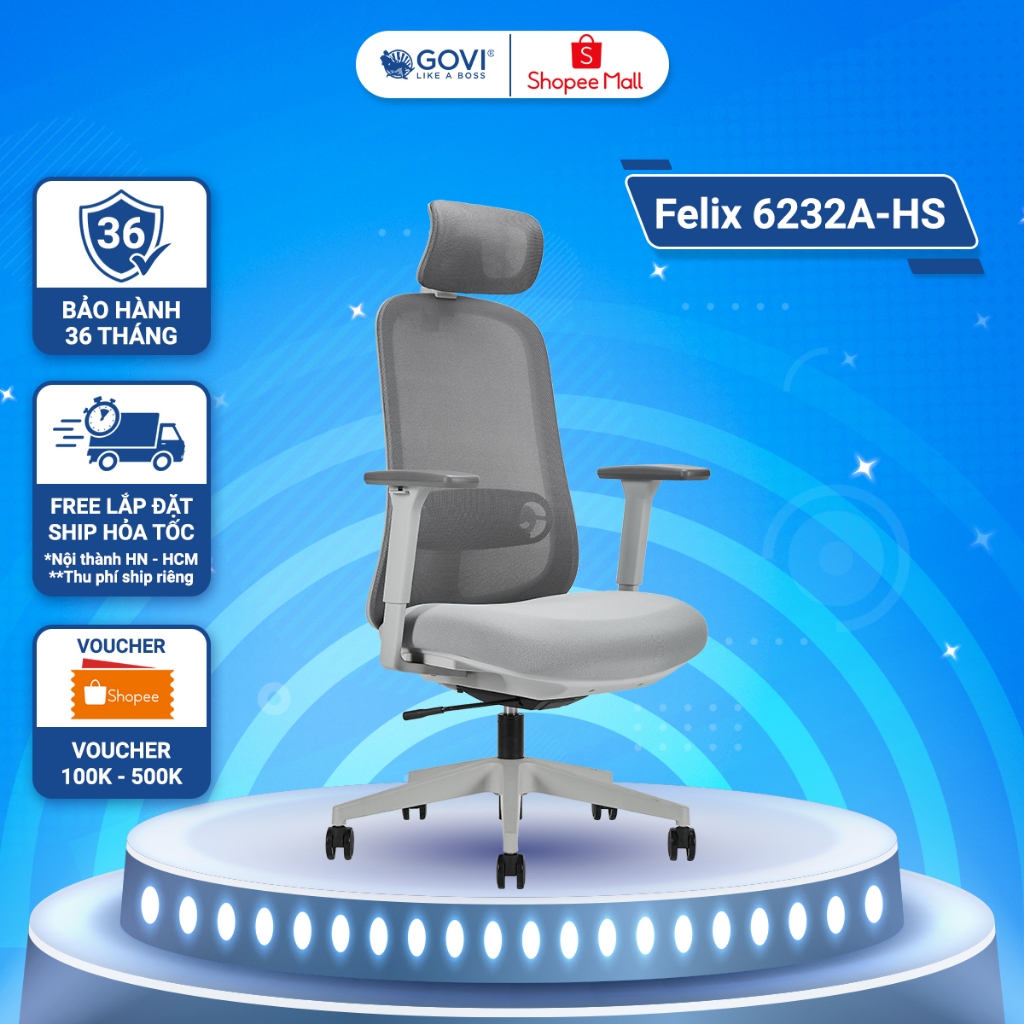 Ghế công thái học Govi Felix 6232A Tựa đầu điều chỉnh 3D, tựa tay 3D nâng hạ, ngả lưng 135 độ ...