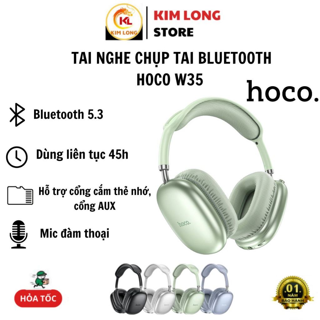 Tai Nghe Bluetooth Chụp Tai Hoco W35 Air, V5.3 Tích Hợp Micro, Hỗ Trợ Khe Cắm Thẻ Nhớ, Cổng AUX ...