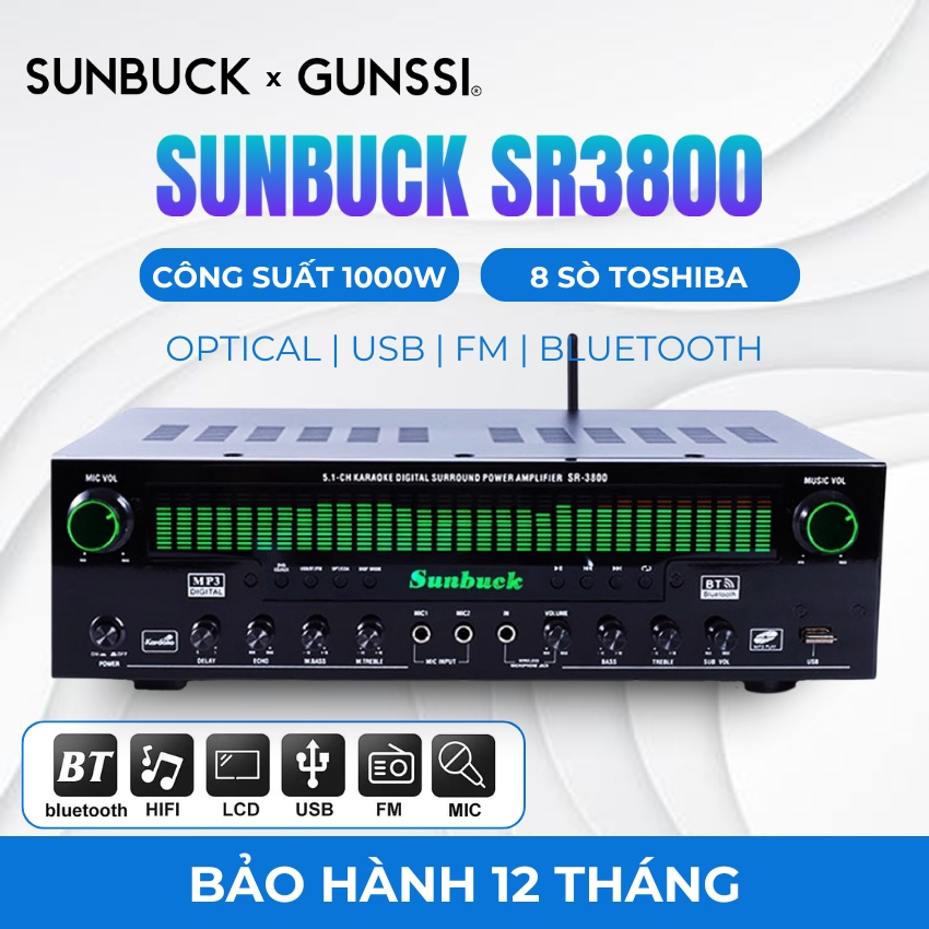 Amply karaoke bluetooth Sunbuck SR3800, amly nghe nhạc công suất lớn 1000W, amli gia đình 5.1 ...
