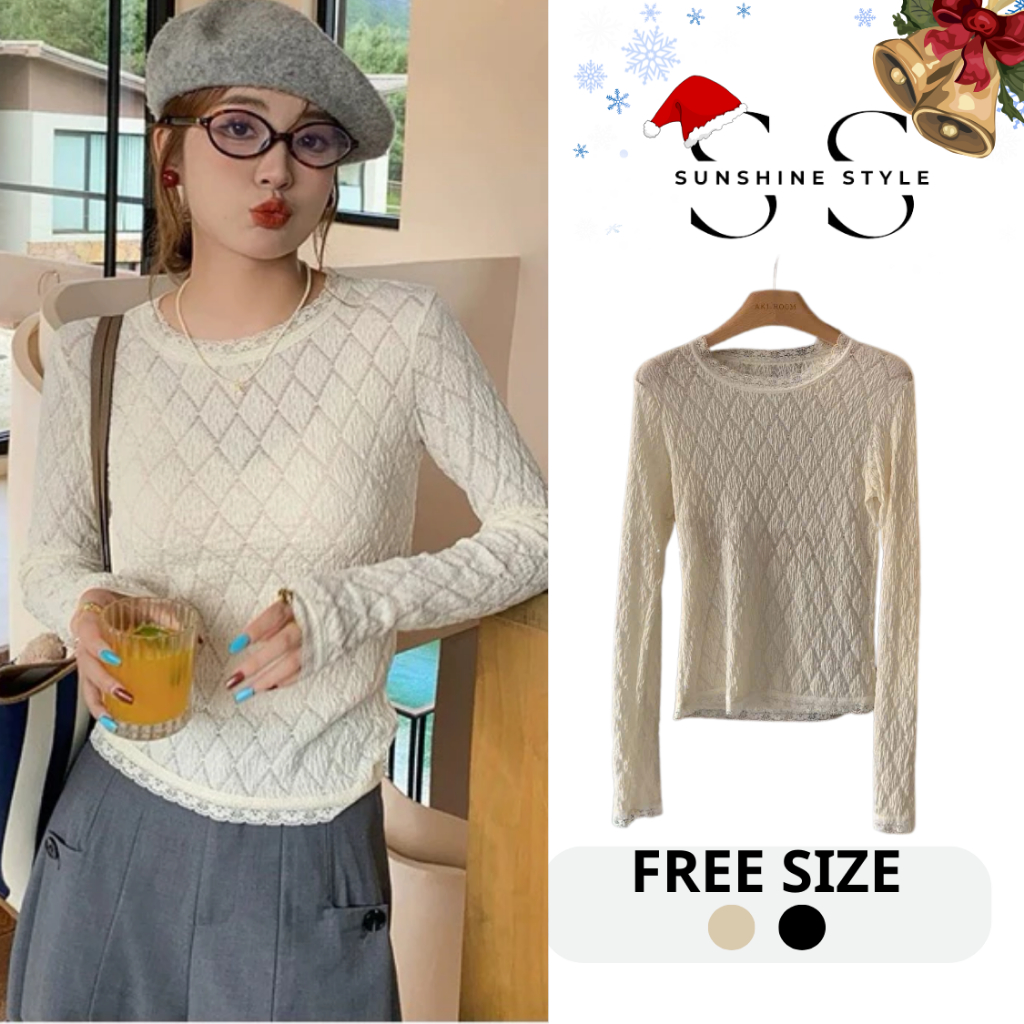 Áo len nữ Sunshine Style dài tay ren xốp chia ô lưới cổ viền ren dáng ...