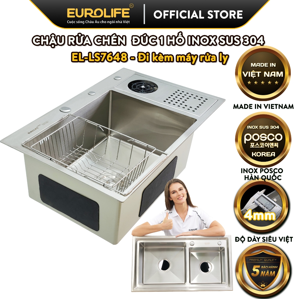 Chậu đúc 1 hố kèm máy rửa ly, chất liệu Inox SUS 304 Posco - Korea ...
