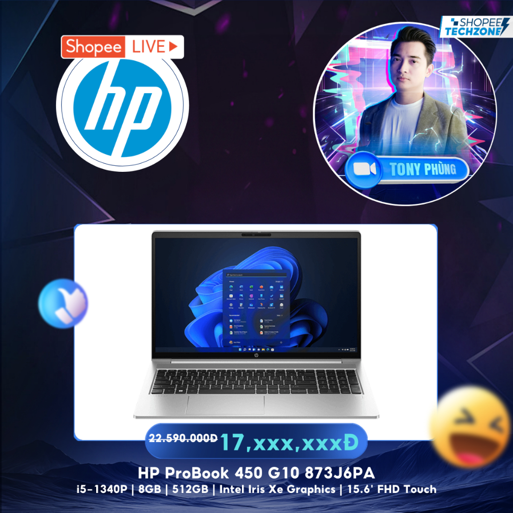 [Nhập ELHP12 giảm 15% tối đa 3TR] Laptop HP ProBook 450 G10 873J6PA i5-1340P | 8GB | 512GB | 15. ...