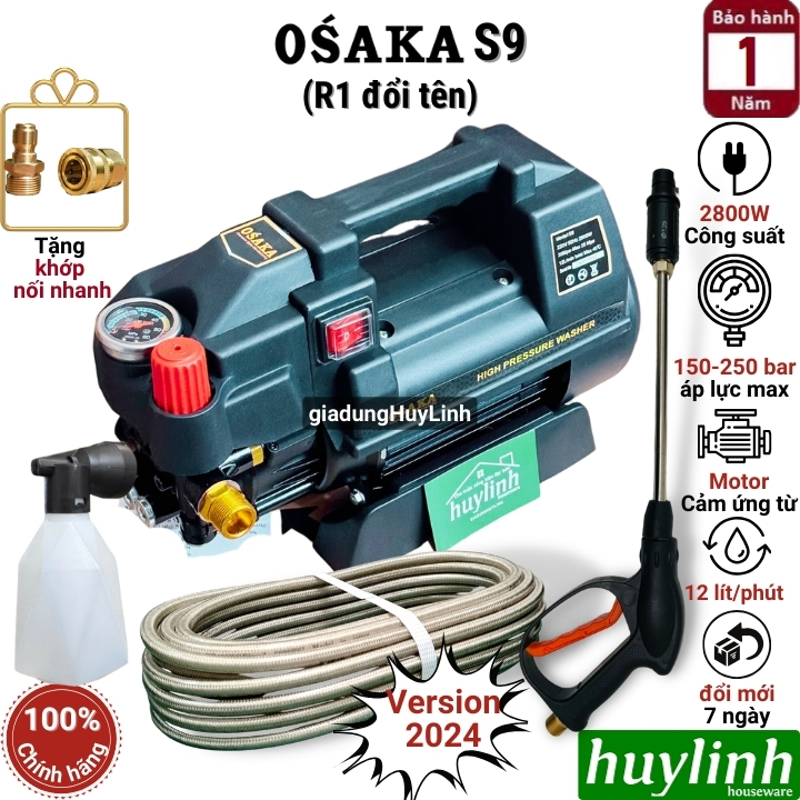 Máy xịt rửa xe - điều hòa - máy lạnh Osaka S9 (R1 đổi tên) 2800W chỉnh áp - Tặng khớp nối đầu ra ...