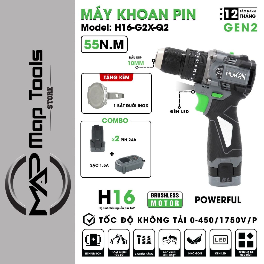Máy khoan pin HUKAN H16-Gen 2-Q2, Động cơ Không chổi than, Lực siết ...
