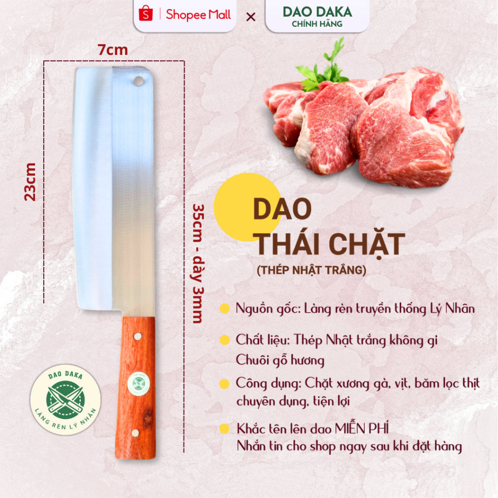 [Dao DAKA - Lý Nhân] Dao thái chặt thép Nhật trắng không gỉ - Chuôi gỗ ...