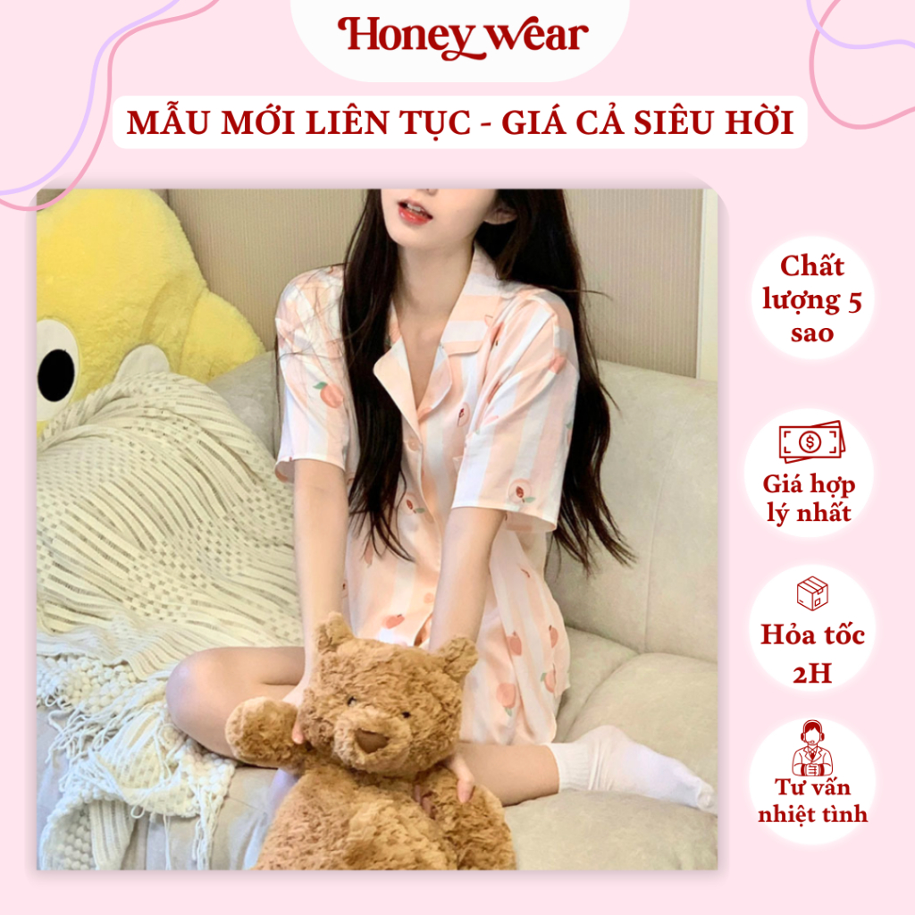 [HÀNG MỚI VỀ] Bộ Ngủ Nữ Tay Cộc, Pijama Mặc Nhà In Quả Đào Hồng Honey Wear Đồ Mặc Nhà Nữ Chất ...