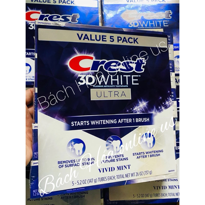 [date-2026] Sét 5 tuýt Kem Đánh Răng Trắng Răng Crest 3D Vivid Mint Ultra 147gr Chính Hãng ...