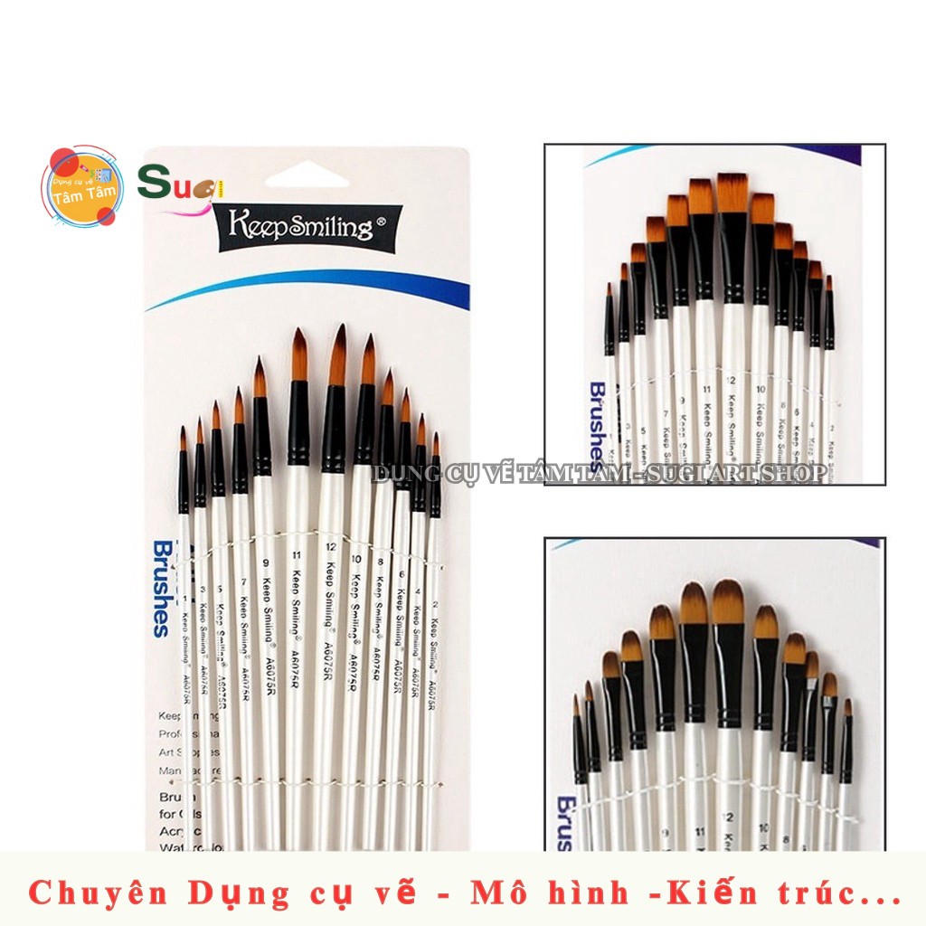 Bộ cọ 12 cây thân trắng, Keep smiling A6075, Cọ vẽ màu nước / gouache ...