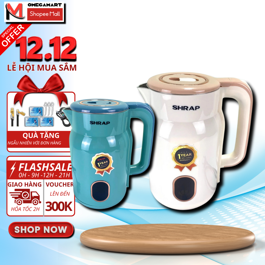 Ấm siêu tốc Shrap dung tích 2.2L, công suất 1800W, tự ngắt điện, 2 lớp ...