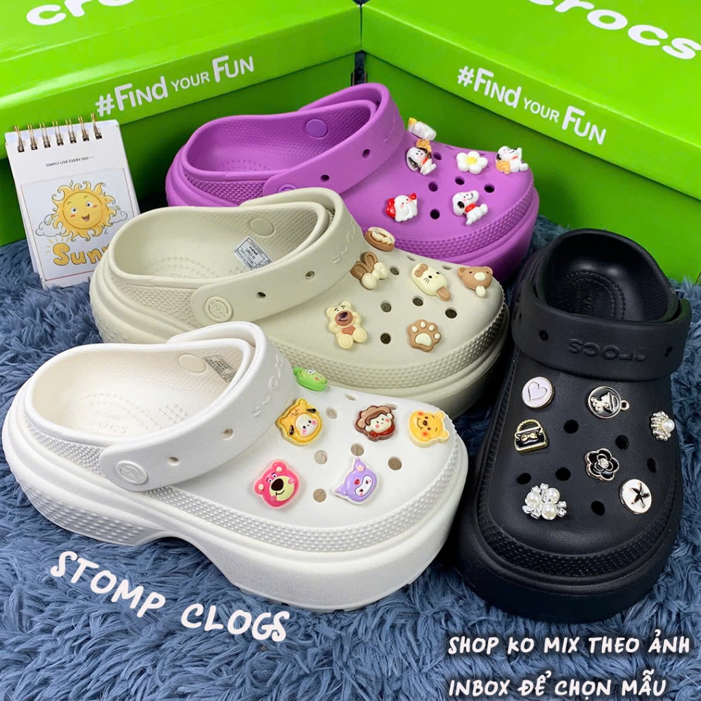 Dép sục cross Stomp Clog đế cao 7 cm chống trơn trượt, tặng 12 charm ...