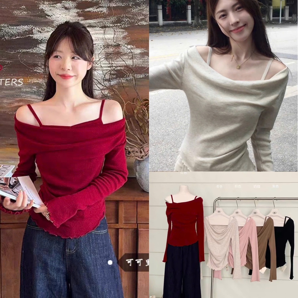 METWO. - Áo len mỏng mongtoghi trễ ngang vai tay bèo QC phối áo 2 dây ...