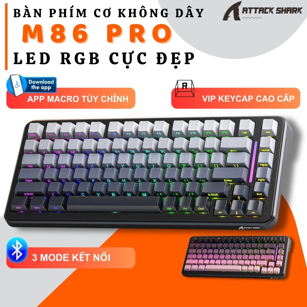 Bàn Phím Cơ Không Dây Attack Shark M86 PRO Trục Cơ Strawberry Switch Gõ Cực Êm App Tùy Chỉnh LED ...