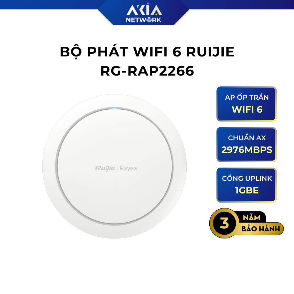 Bộ phát WiFi 6 Ruijie RG-RAP2266 Chuẩn AX tốc độ 2976Mbps, Thiết kế ốp trần, Bảo hành 36 tháng ...