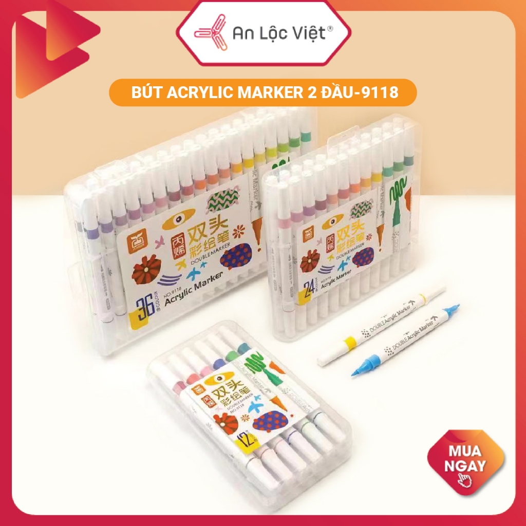 [MẪU MỚI] Bộ màu Acrylic Marker 2 đầu 9118 - 12 MÀU CAO CẤP MÀU SẮC TƯƠI SÁNG TÔ VẼ MỌI CHẤT ...