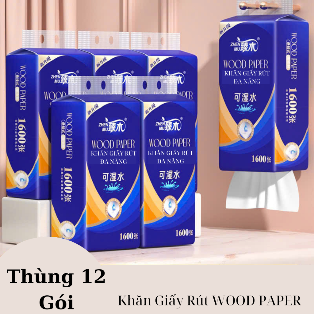 Thùng 12 Bịch Giấy Rút Treo Tường Đa Năng WOOD PAPER 1600 Tờ/ 4 Lớp Nội ...