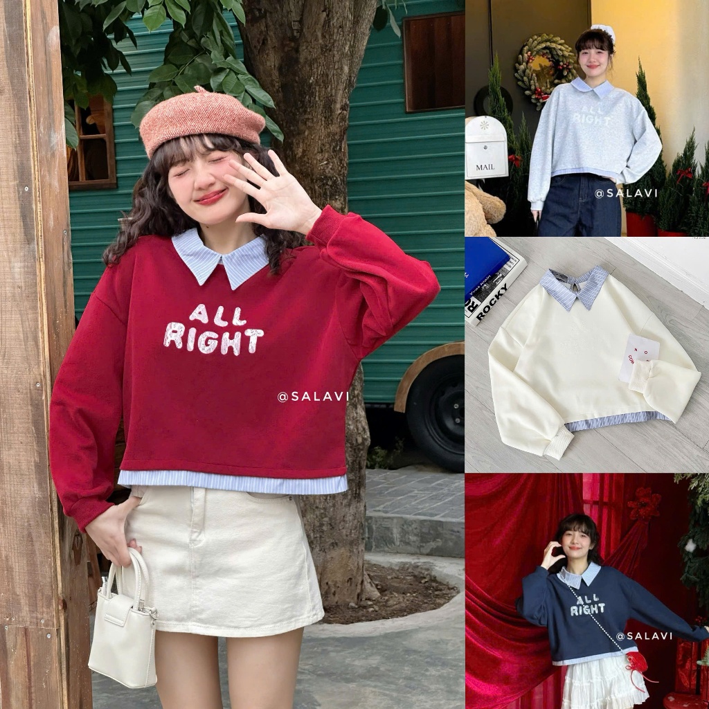 Áo sweater nỉ allright phối cổ sọc xanh dương, áo nỉ form ngắn phong ...