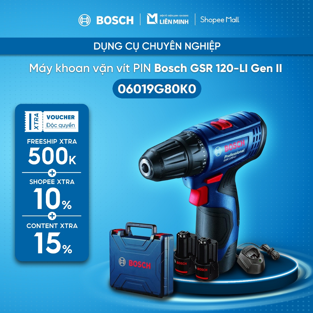 [Hỏa Tốc HCM] (06019G80K0) Máy Khoan Vặn Vít Dùng Pin Bosch GSR 120-LI GEN II (Phụ kiện: 2 Pin 2 ...