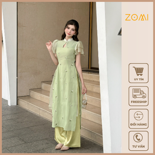 Set áo dài cách tân thêu hoa, áo dài cánh tiên, áo dài Tết, áo dài cách tân nữ trẻ trung ZOMI ...