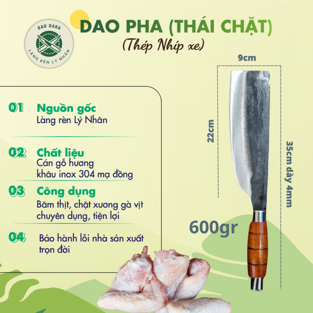 [Dao DAKA - Lý Nhân] Dao pha thép nhíp xe cán gỗ hương khâu inox 304 mạ ...