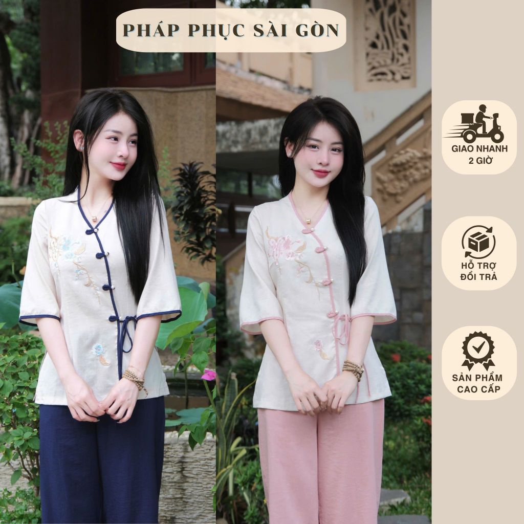 Pháp phục, Đồ bộ đi chùa vạt chéo khuy tết đính ngọc vải đũi, tay lỡ ...