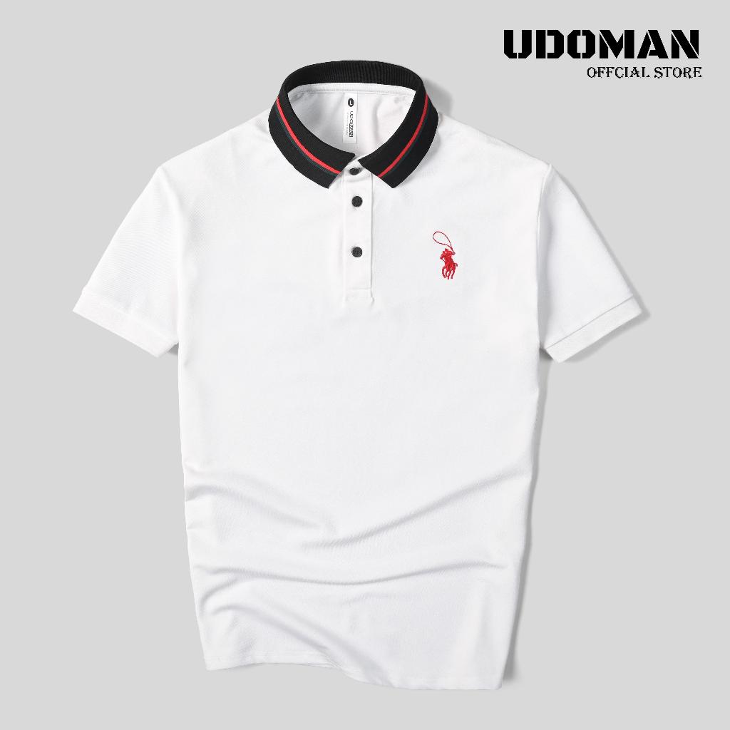 Áo polo UDOMAN ,áo phông cộc tay màu trắng phối hình thêu thanh lịch , áo polo nam vải co giãn 4 ...