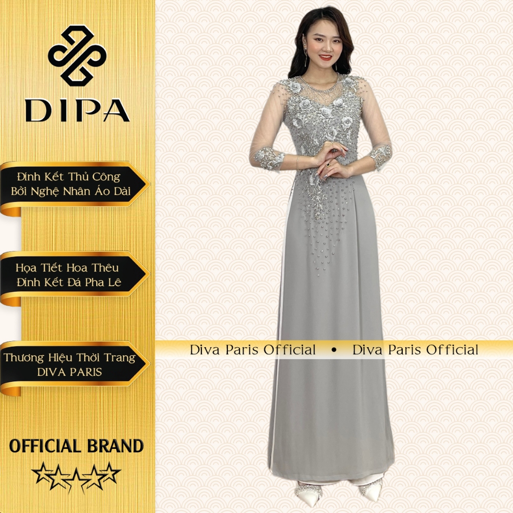 Áo Dài Đính Kết Cao Cấp, Sang Trọng Quý Phái DPM03 Ghi - Thời Trang Diva Paris | Shopee Việt Nam