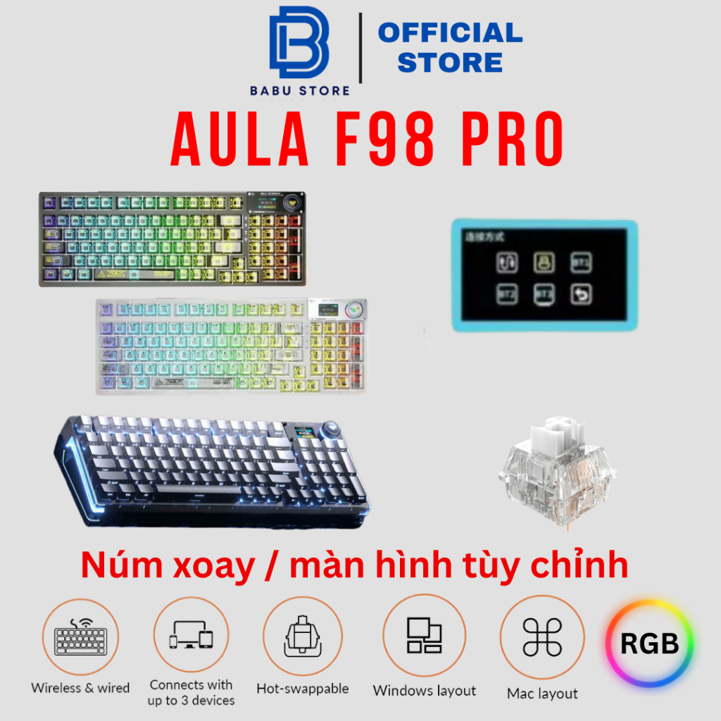 Bàn Phím Cơ Không Dây, phím gaming Aula F98 PRO 3-mode Hotswap Led RGB - Màn hình | Shopee Việt Nam