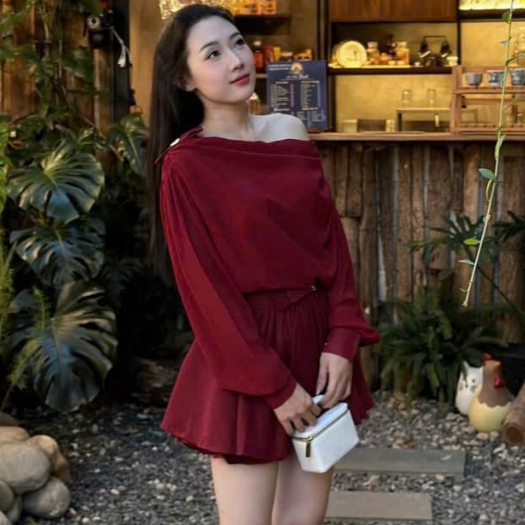 set áo lệch vai chân váy,áo lệch vai nữ tay dài rúm sườn phối nơ vai mix chân váy tầng xoè P10 ...