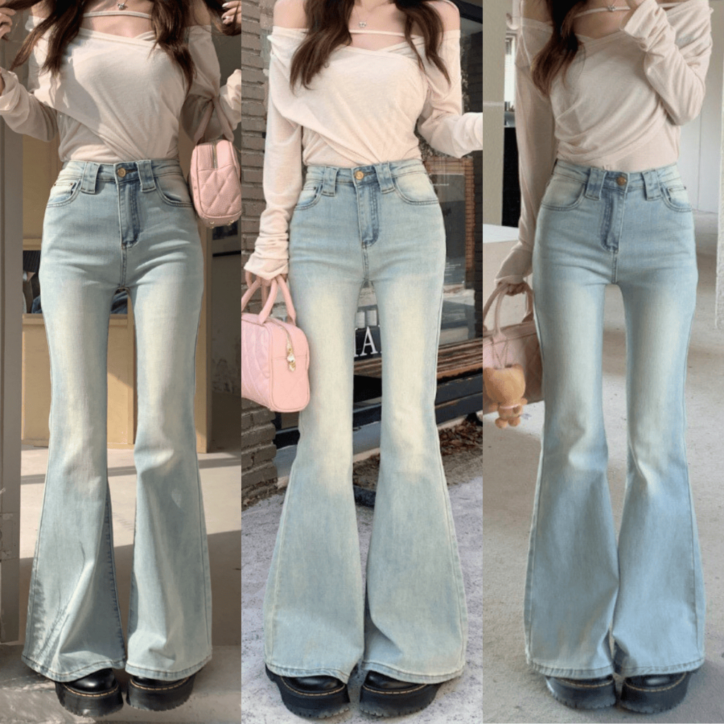 Quần Jean Nữ Ống Loe Ôm Đùi Cạp Cao Màu Xanh WASH Ôm Eo Cực Tôn Dáng Quần Loe Ống Rộng Unisex ...