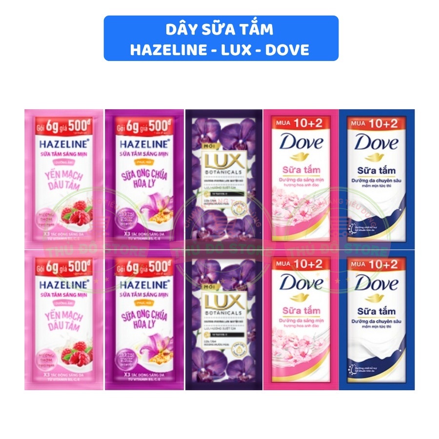 Dây Sữa Tắm Hazeline | Dove | Lux Trắng Sáng Mịn - Dây 12 Gói x 6G | Shopee Việt Nam