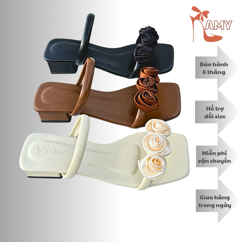 giày cao gót nữ phối 3 hoa Hồng xinh xắn AMY (426) gót vuông cao 3cm ...