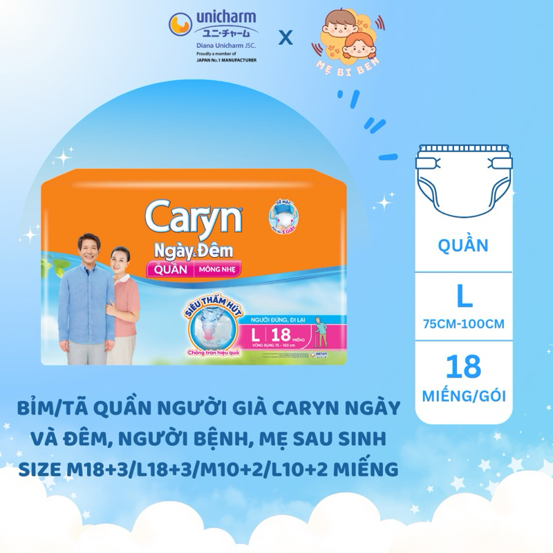 [Cộng Miếng] Bỉm/Tã Quần Người Già Caryn Ngày và Đêm, người bệnh, mẹ sau sinh size M18+3/L18+3 ...