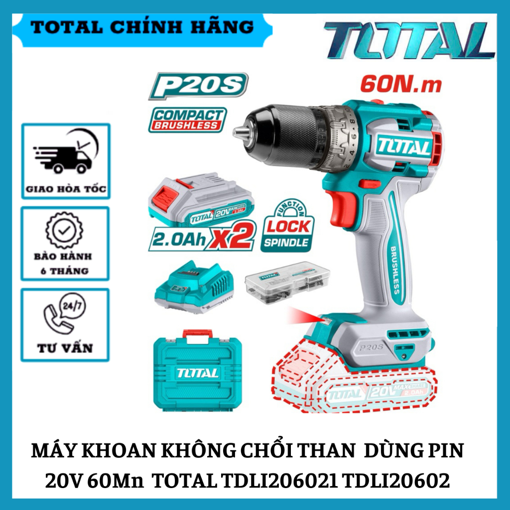 Máy khoan không chổi than dùng pin Lithium-Ion 20V (không búa) TOTAL TDLI20602 hàng chính hãng ...