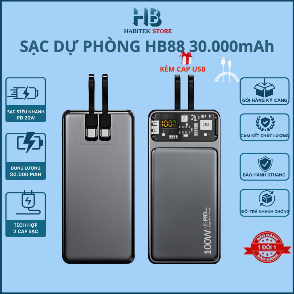 Sạc Pin Dự Phòng HABITEK HB88 30000mah Sạc Nhanh 100W Tích Hợp Sạc ...