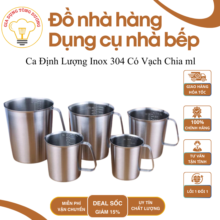 Ca định lượng Inox 304, ca đong inox có vạch chia ml (500m, 700ml, 1000ml, 1500ml, 2000ml ...