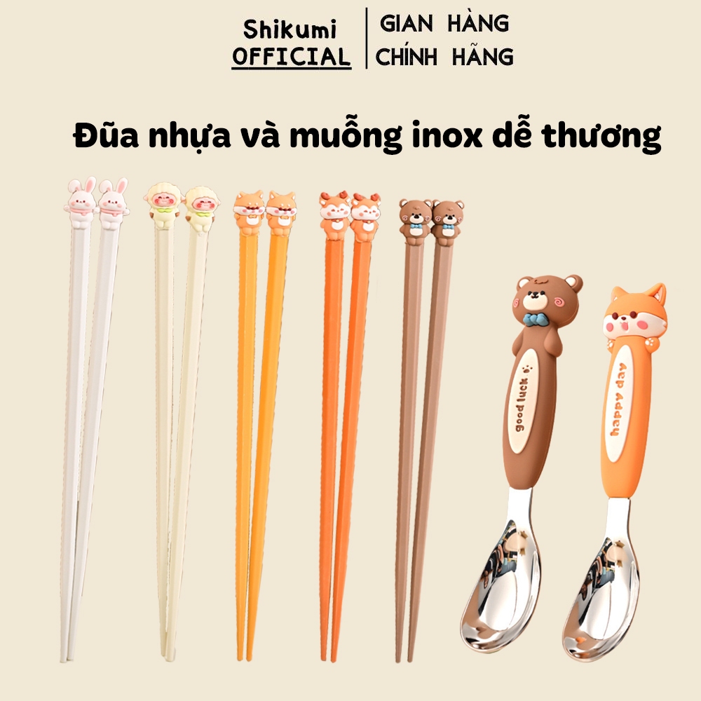 Đôi Đũa nhựa cute và muỗng inox 316 dễ thương nhiều màu sắc Shikumi ...