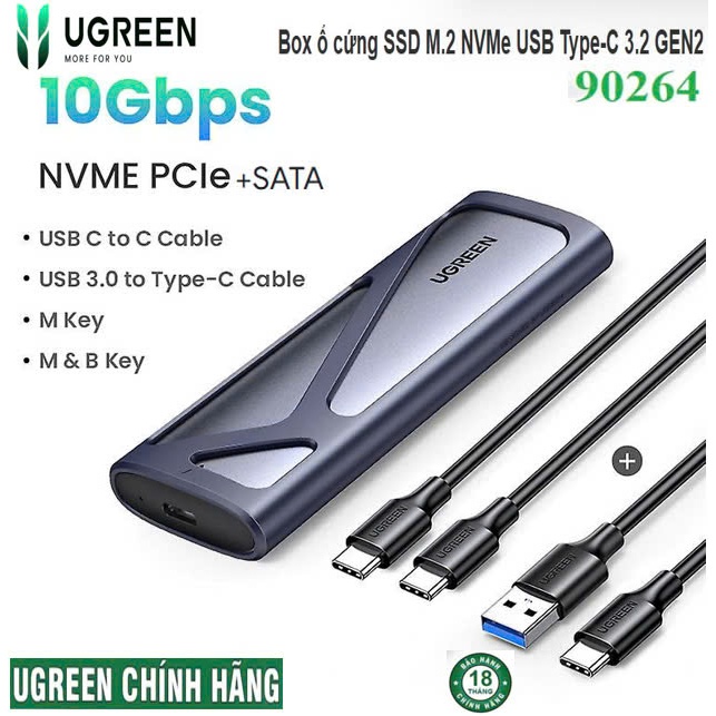 Hộp Box M.2 Ugreen 90264 CM400 USB C 3.2 GEN 2,Sata /NVMe + NGFF 10Gbps ...