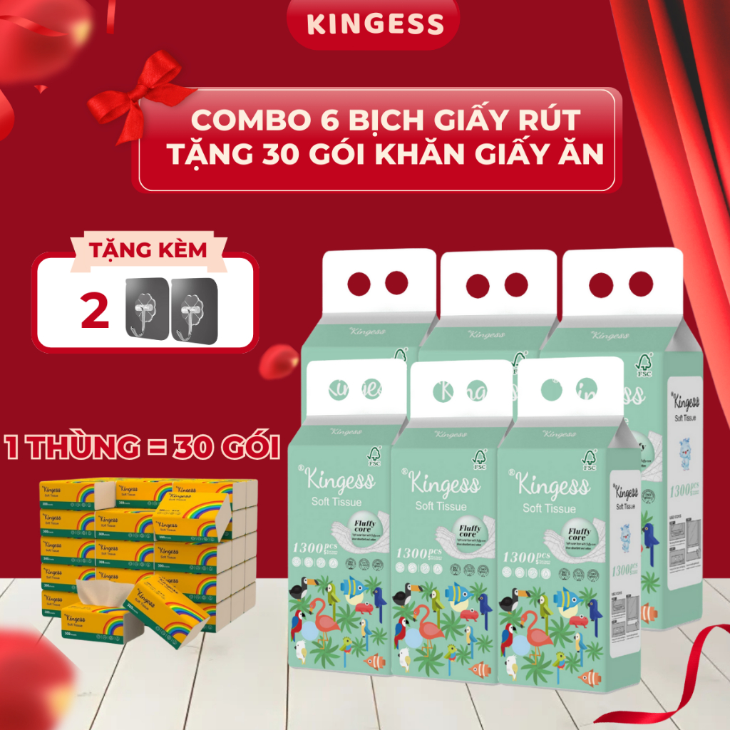 (COMBO MUA 6 TẶNG 30) Thùng 6 bịch giấy rút treo tường KINGESS ( 1300 ...