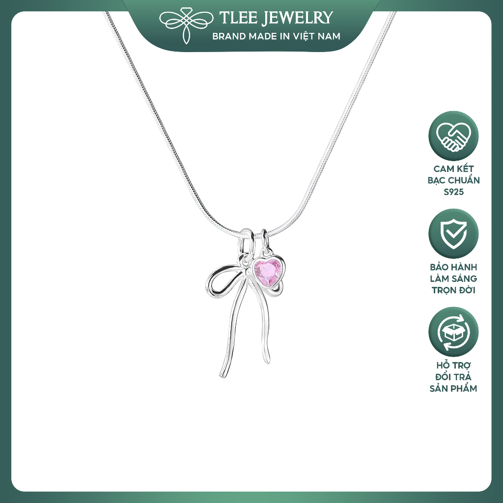 Dây chuyền bạc nữ TLEE, vòng cổ dây mì mặt hình nơ trơn mix đá tim hồng ...