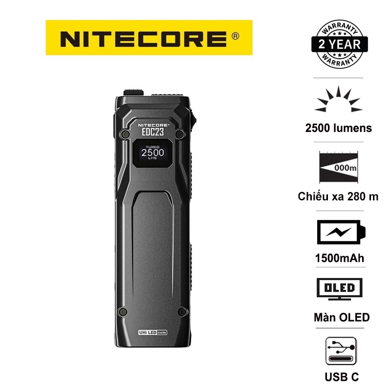 Đèn pin NITECORE EDC23 sáng 2500 lumen chiếu xa 280m pin 1500mAh cổng sạc USB-C màn OLED ...