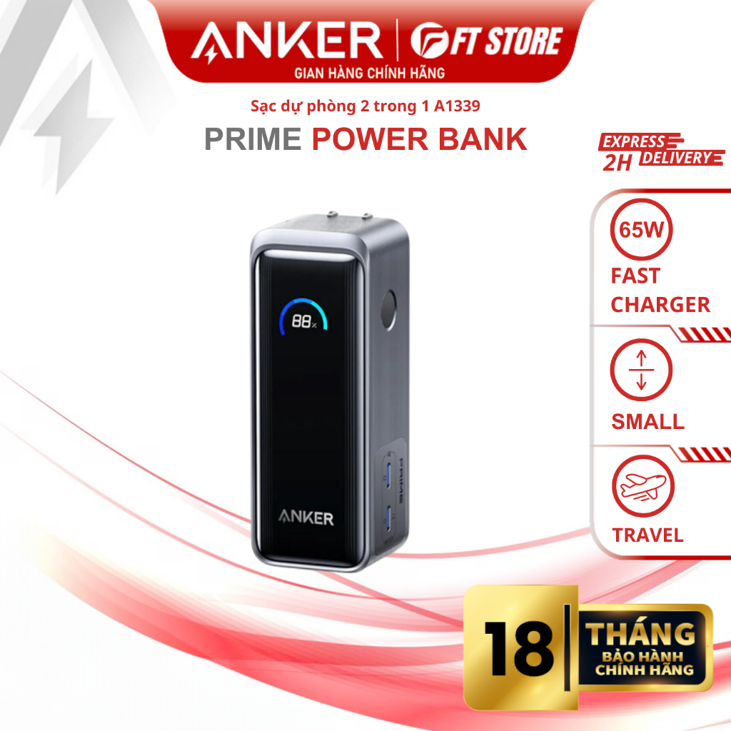 Pin Sạc Dự Phòng Kiêm củ sạc ANKER Prime Fusion 9600mAh 65W - 2 cổng USB-C - kèm cáp, túi (CtoC ...